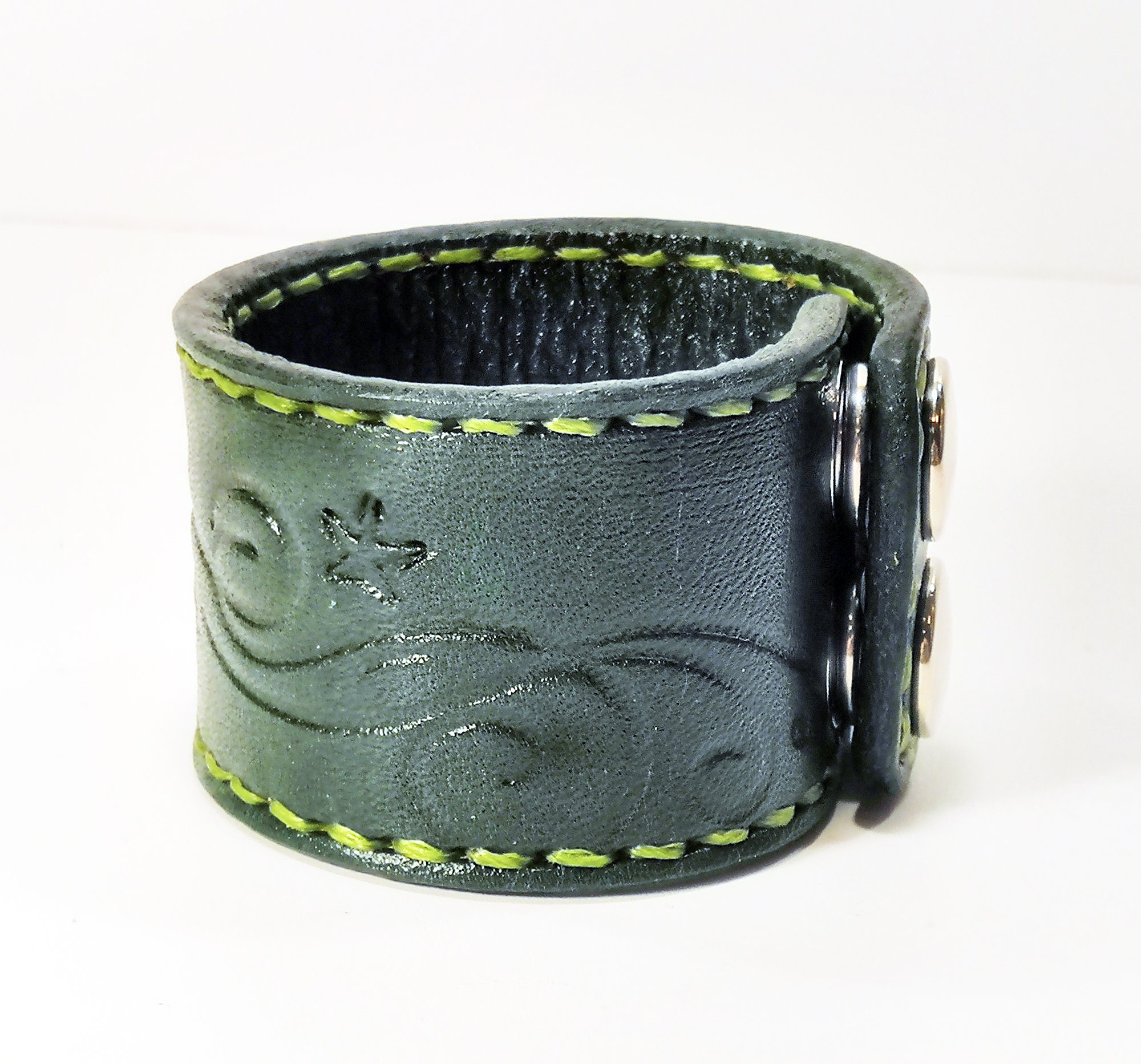 Green Leather Cuff Green Leather Bracelet Skull Cuff | Etsy