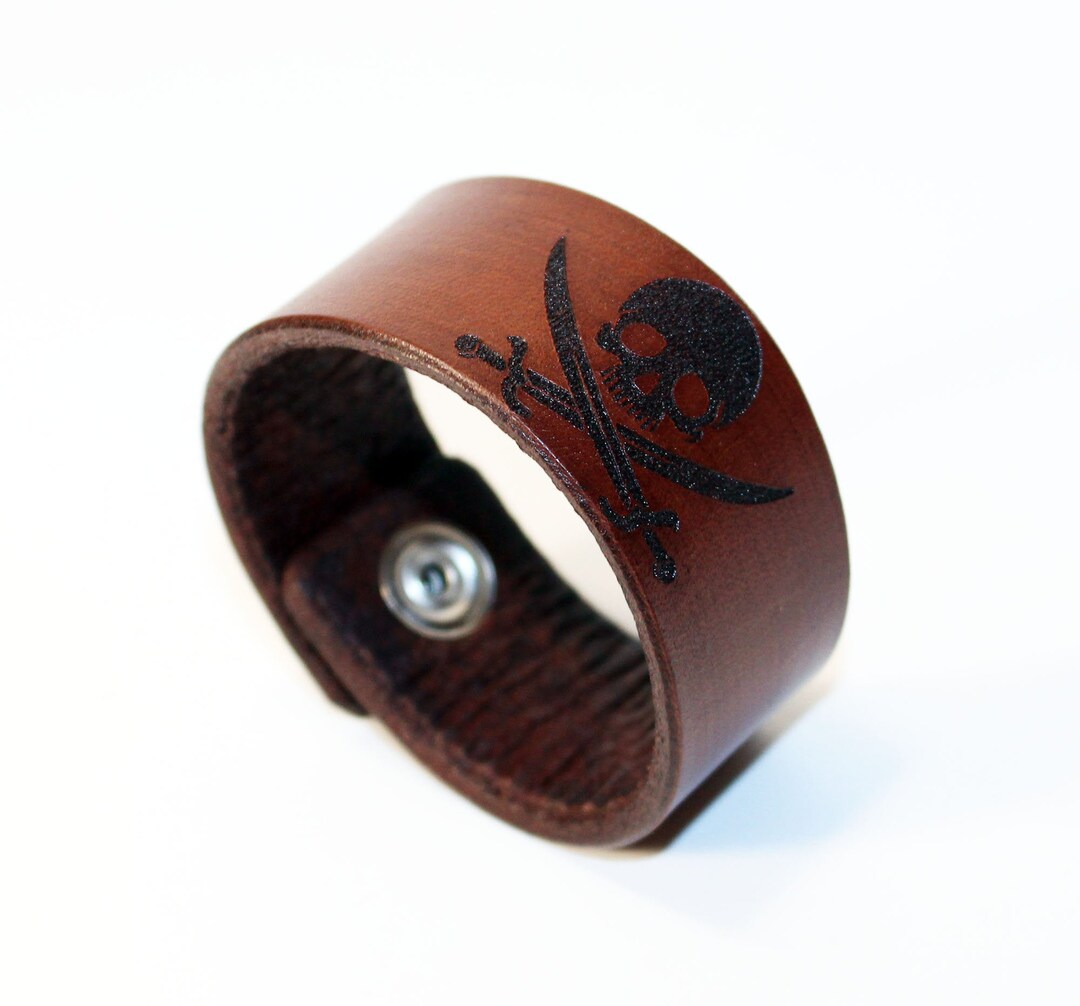 Jolly Roger - Leather Bracelet, Pirates Cuff, Skull and Bones Cuff ...