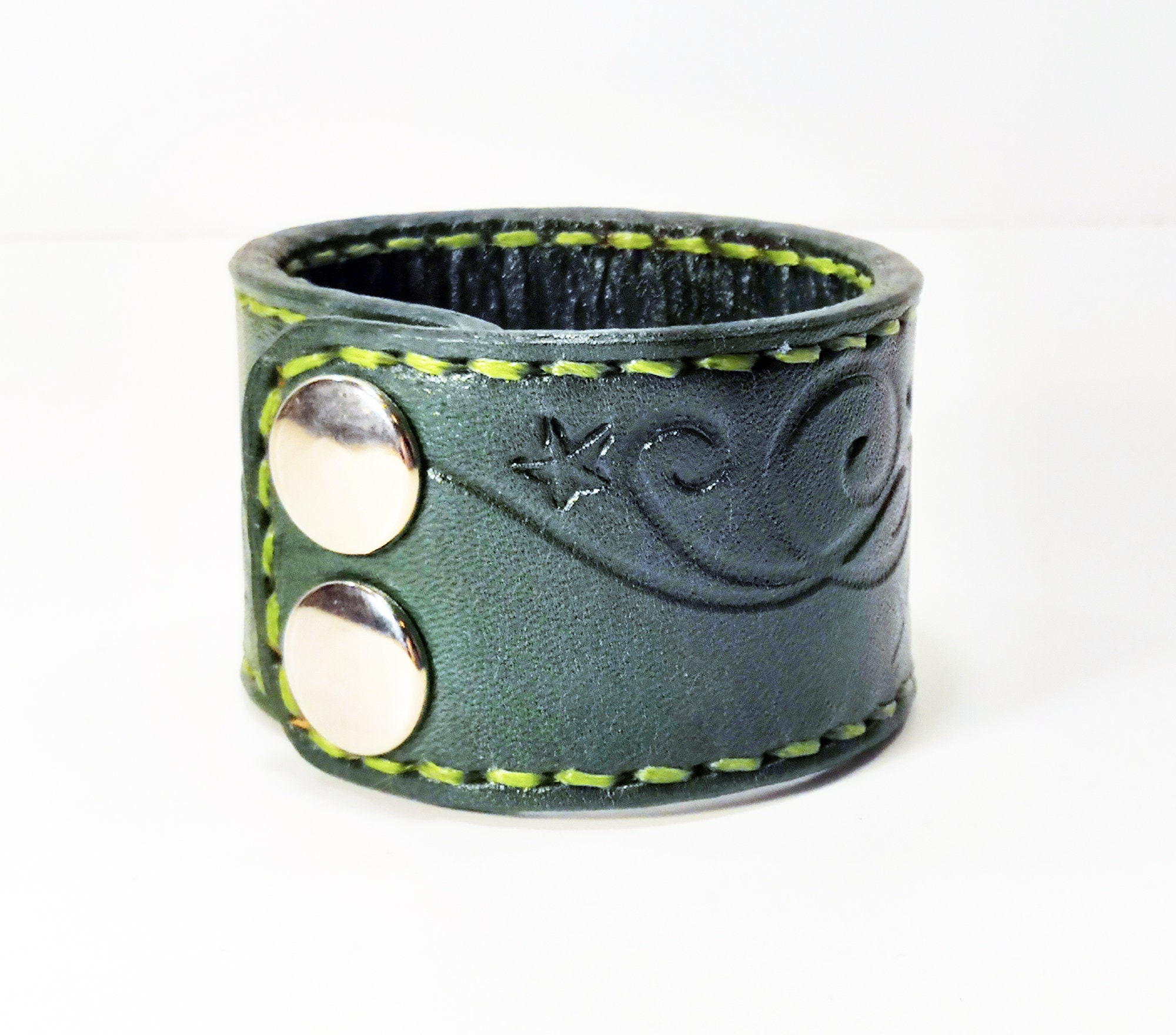 Green Leather Cuff Green Leather Bracelet Skull Cuff | Etsy