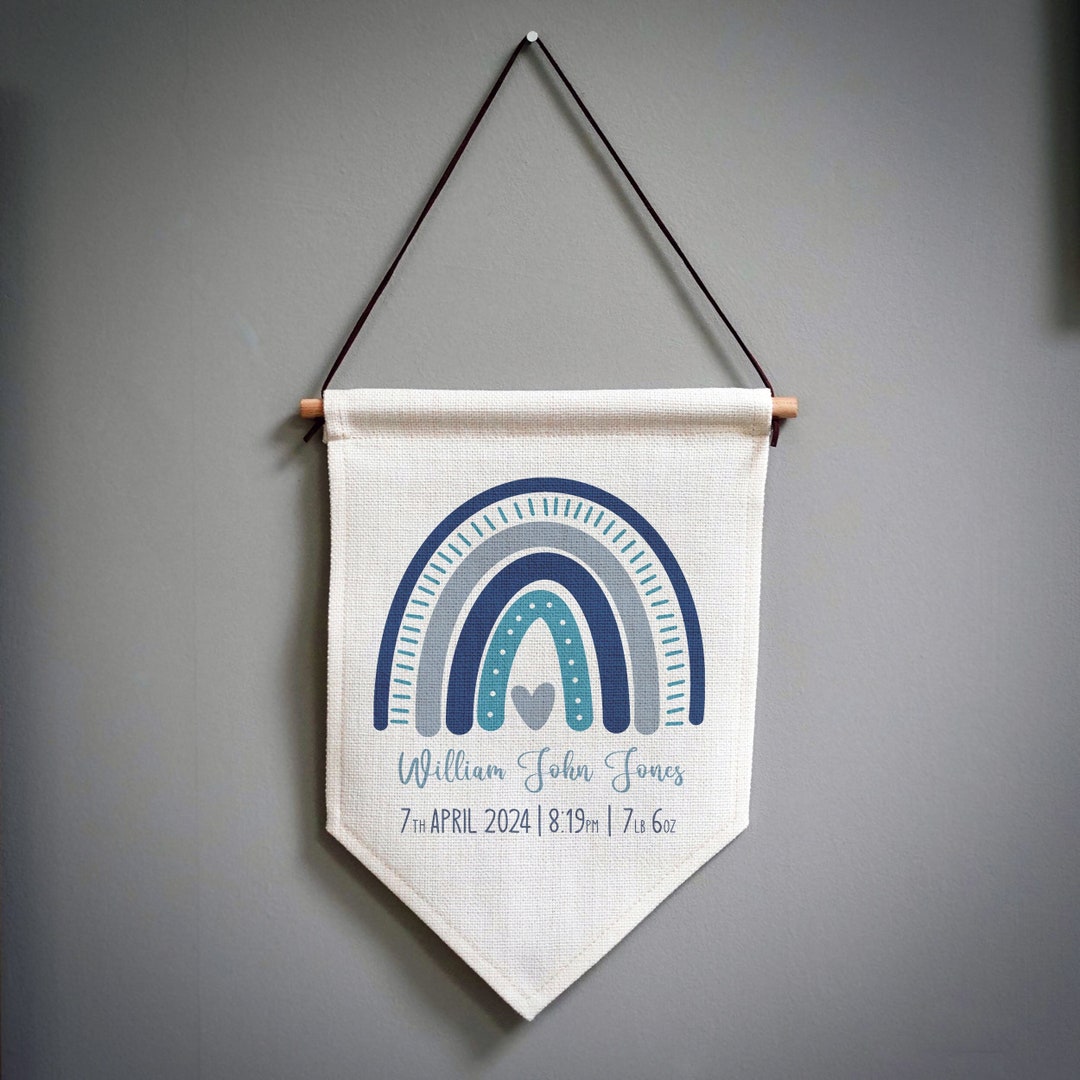 Personalised Blue Birth Details Pennant Flag - Nursery Flag ...