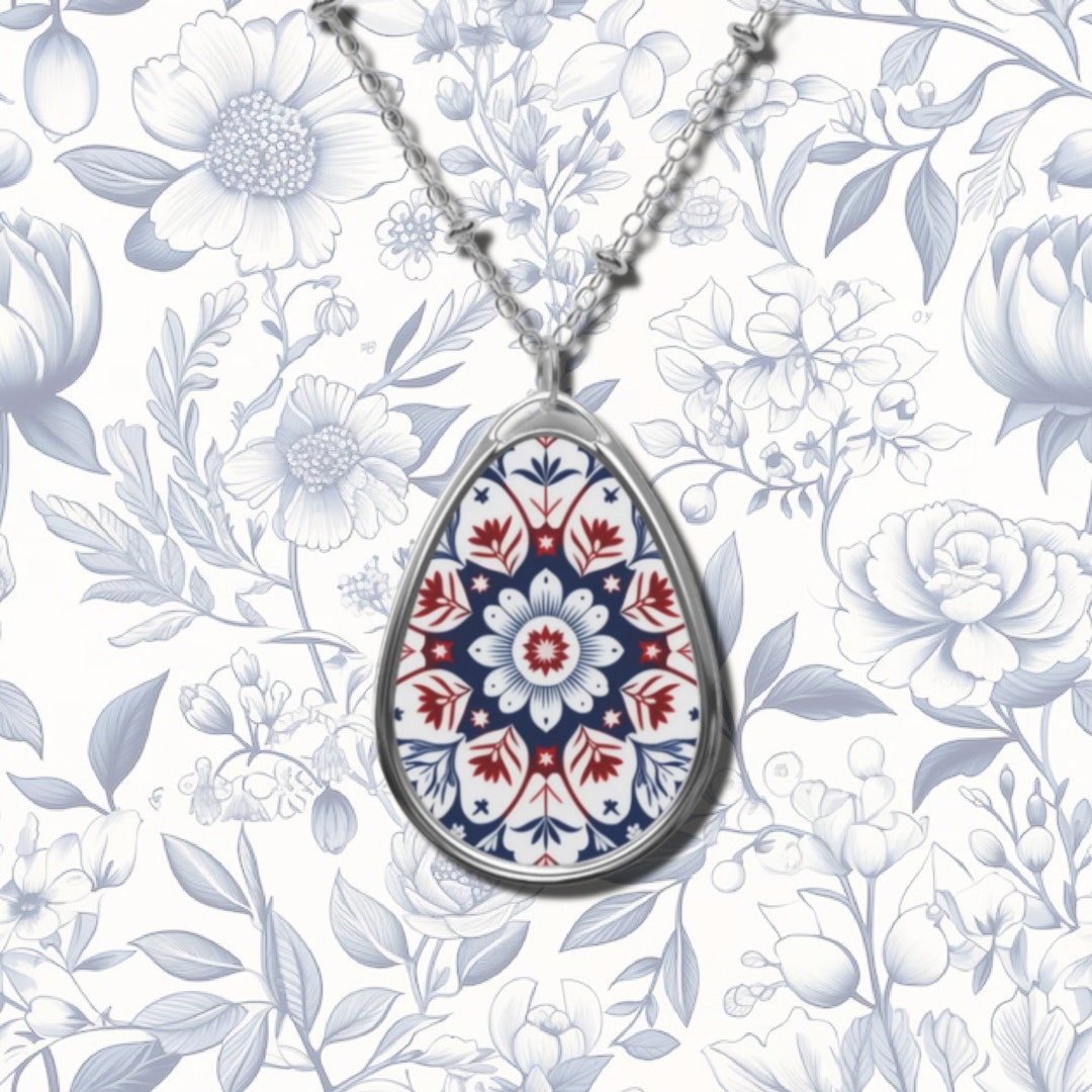 July 4th Oval Necklace Red White and Blue Floral Necklace Patriotic ...