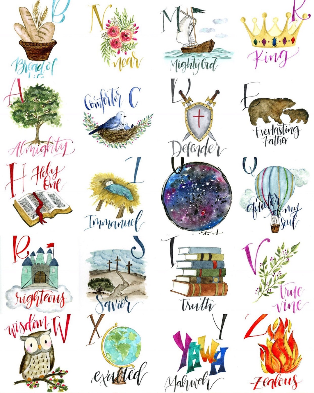 ABC Names of God Alphabet Cards, 5x7 Print Set With A-Z Names of God ...