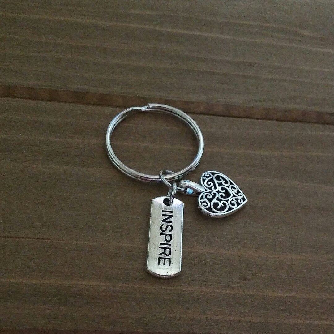 Inspire Keychain: Antique Silver Heart Charm, Engraved Word Charm - Etsy