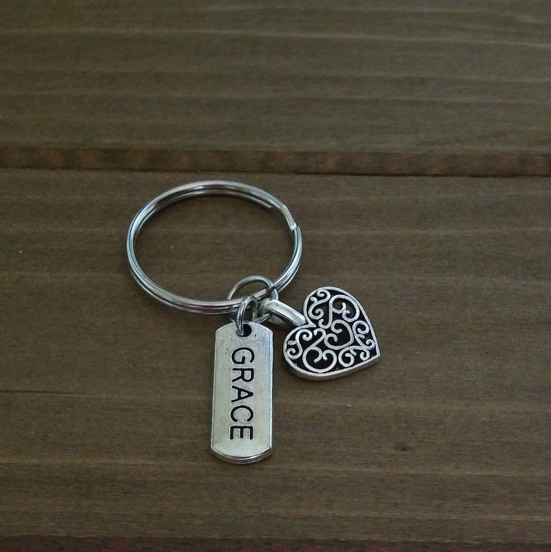 Grace Engraved Charm Keychain: Antique Silver Heart - Etsy