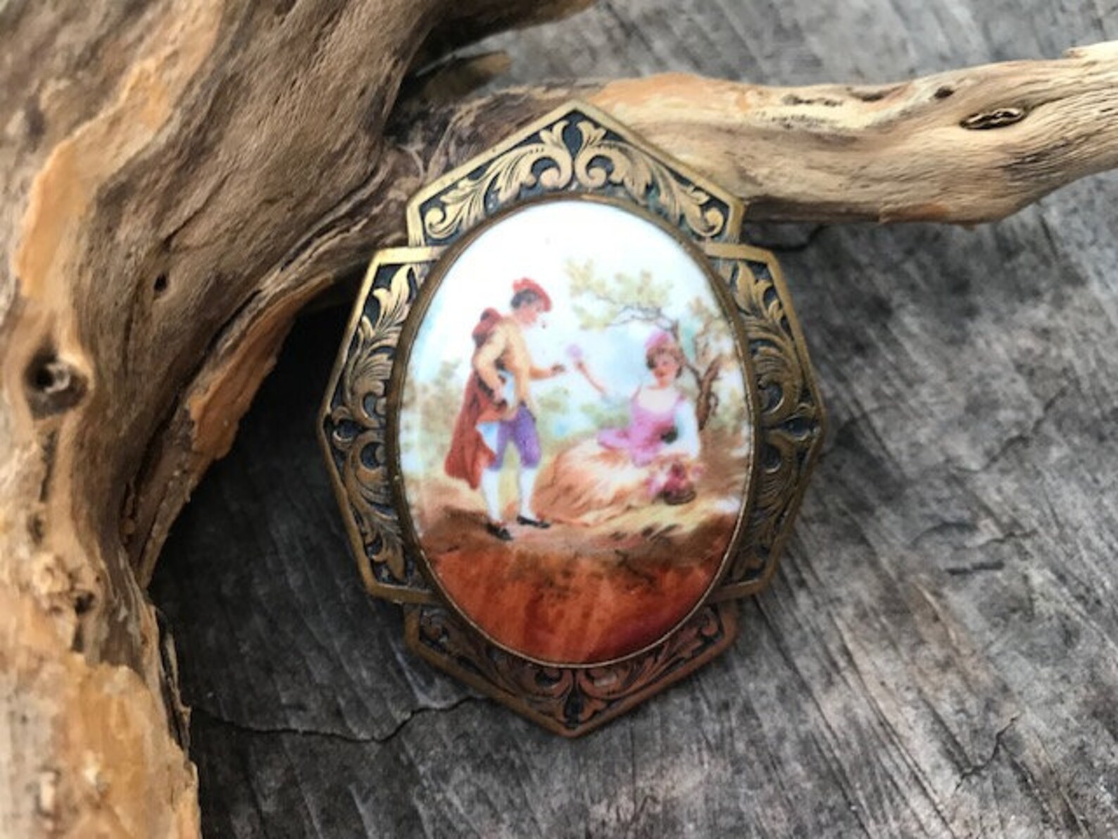 Victorian Style Hand Painted Porcelain Portrait Brooch With Romantic ...