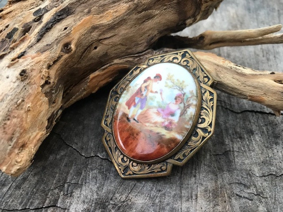 Victorian Style Hand Painted Porcelain Portrait Brooch With Romantic ...