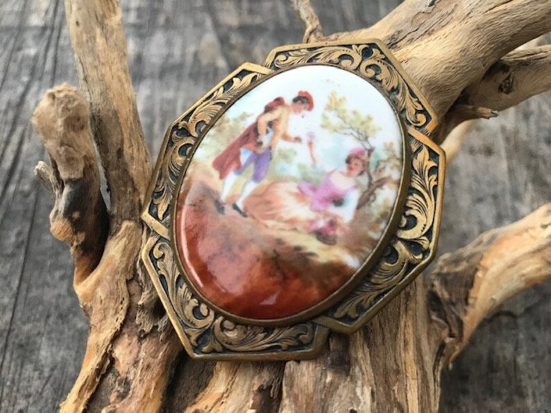 Victorian Style Hand Painted Porcelain Portrait Brooch With Romantic ...