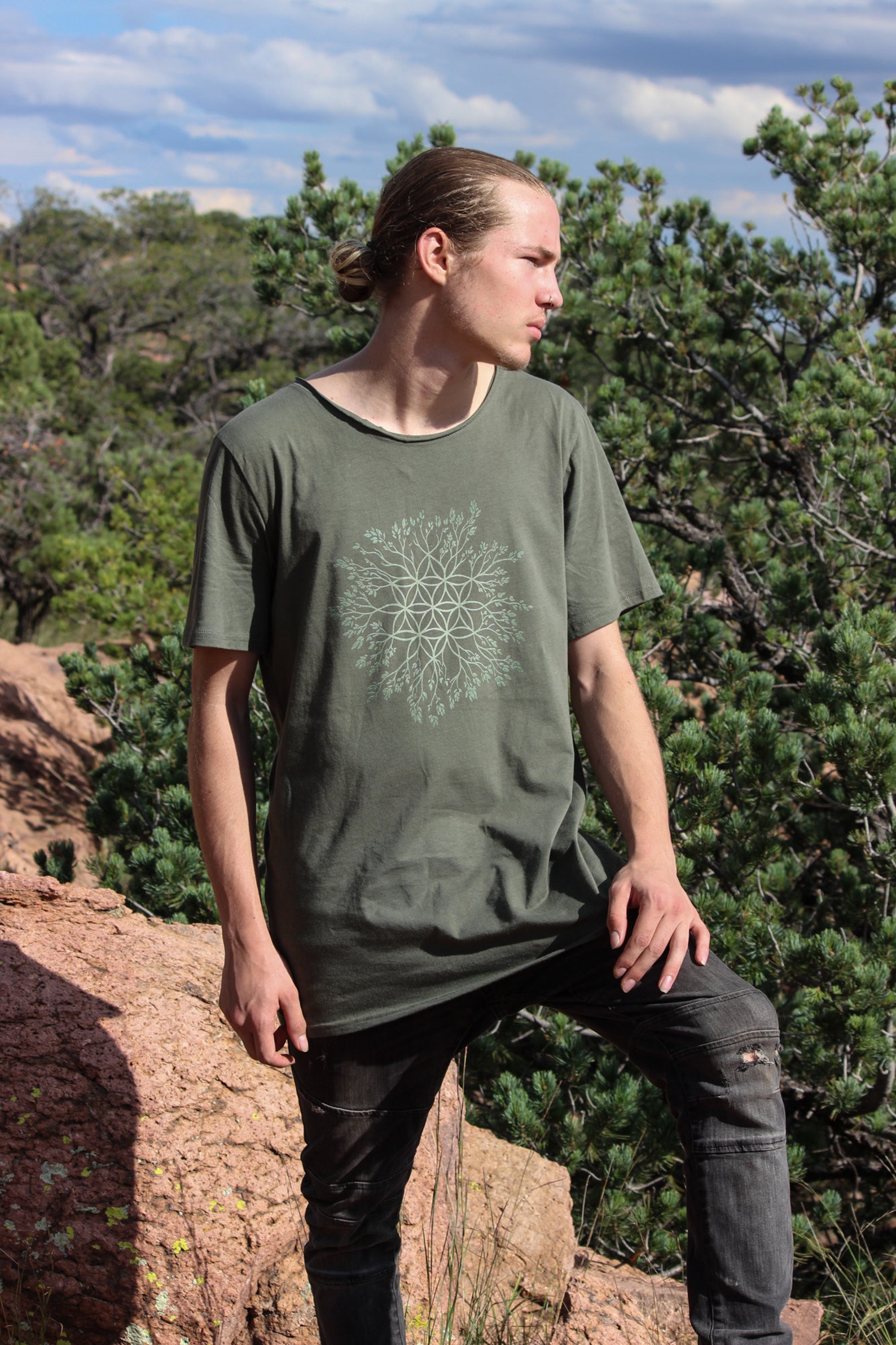 Green Connection Print Flower of Life Cotton Tshirt Festival | Etsy