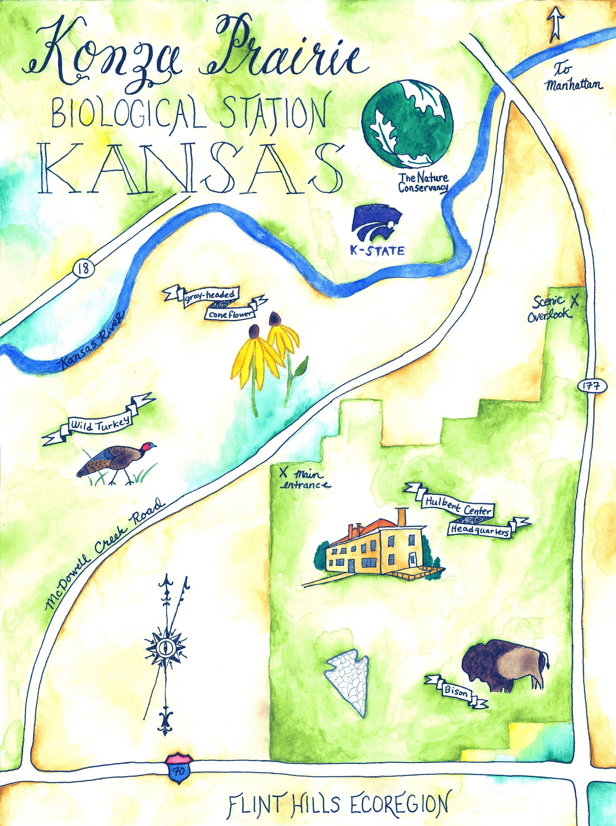 Konza Prairie Watercolor Map ORIGINAL Kansas Nature Wall Art - Etsy