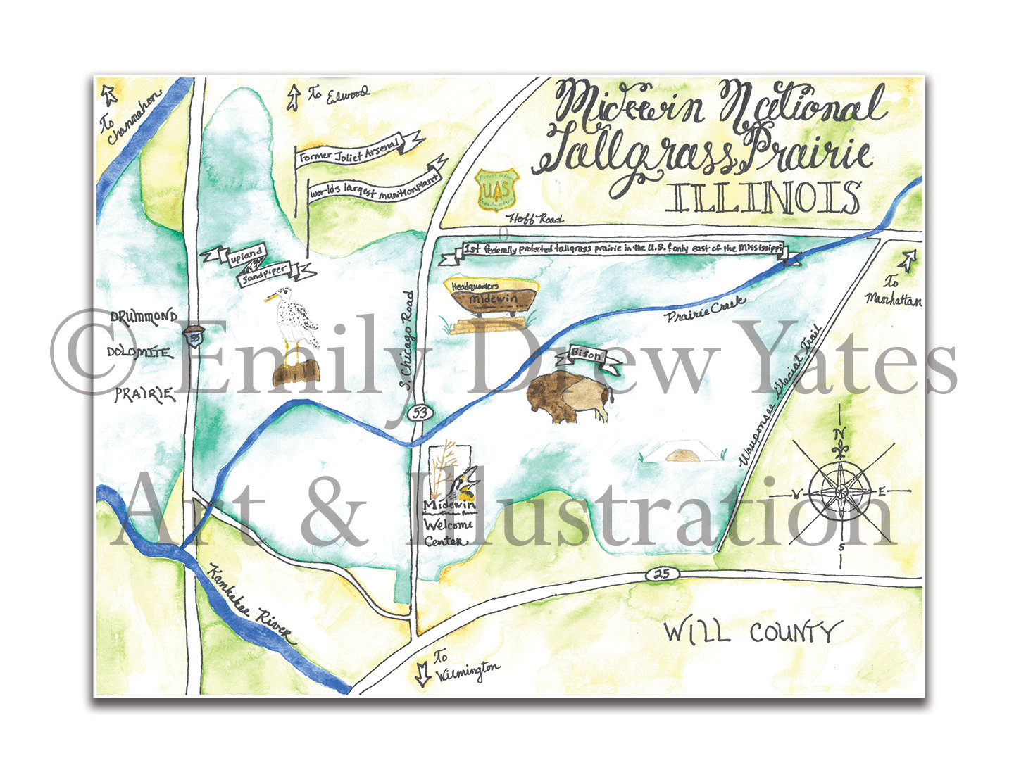 Watercolor Map, Midewin Tallgrass Prairie Illinois Digital Download ...