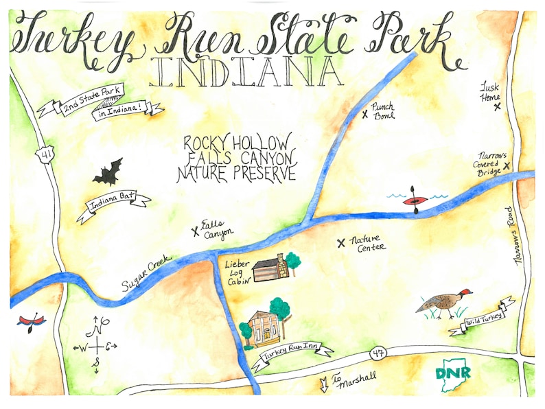 Watercolor Map Turkey Run State Park Indiana - Wildlife Digital ...