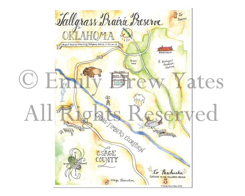 Watercolor Map Tallgrass Prairie Pawhuska Oklahoma Digital Download ...