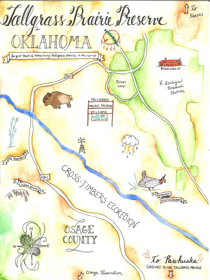 Watercolor Map Tallgrass Prairie Pawhuska Oklahoma Digital Download ...