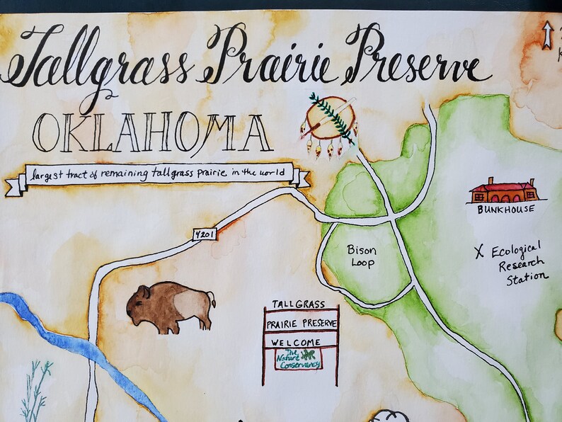 Watercolor Map Tallgrass Prairie Pawhuska Oklahoma Digital Download ...