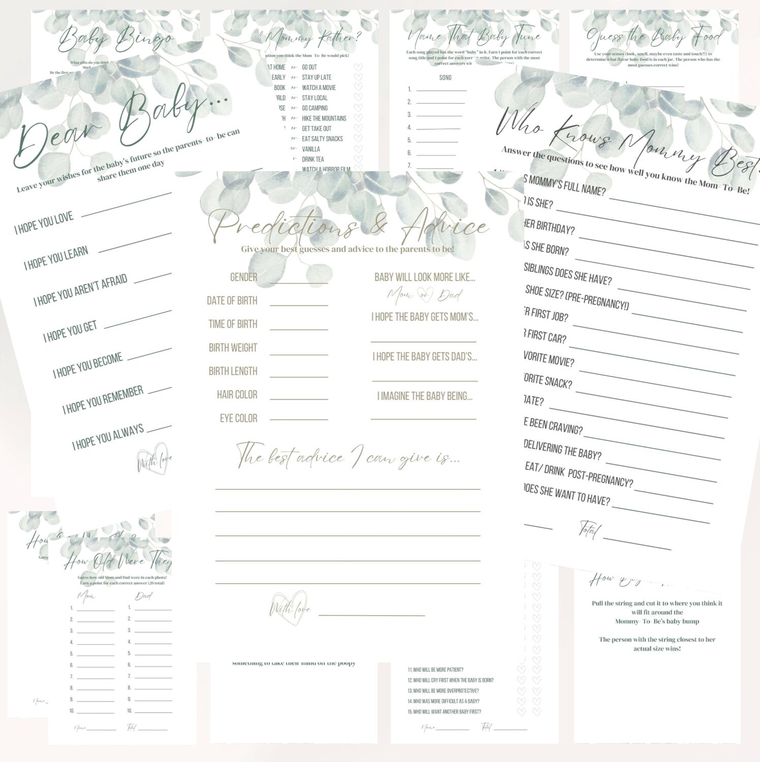 Baby Shower Game/activity Bundle 12 Activities Greenery 3 Font Colors ...