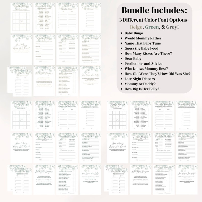Baby Shower Game/activity Bundle 12 Activities Greenery 3 Font Colors ...