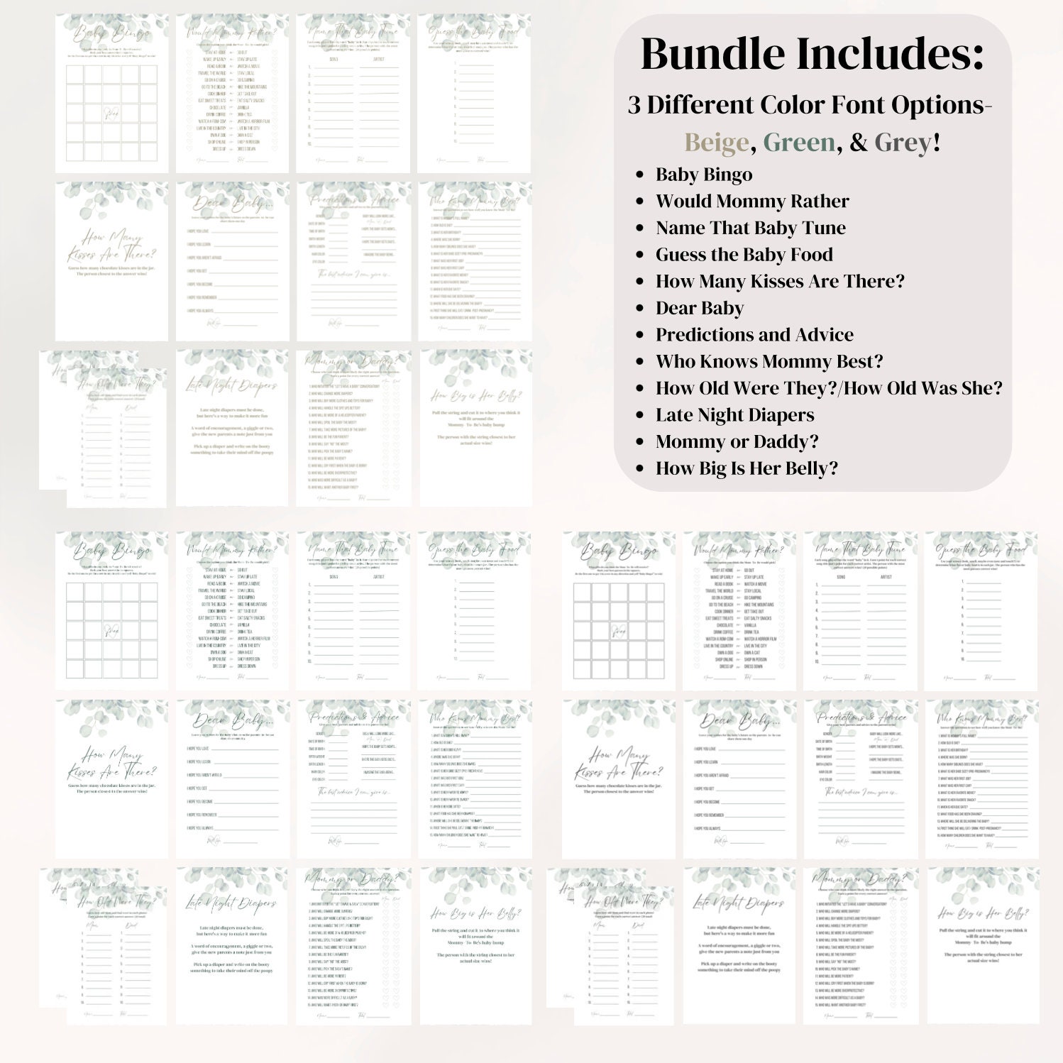 Baby Shower Game/activity Bundle 12 Activities Greenery 3 Font Colors ...