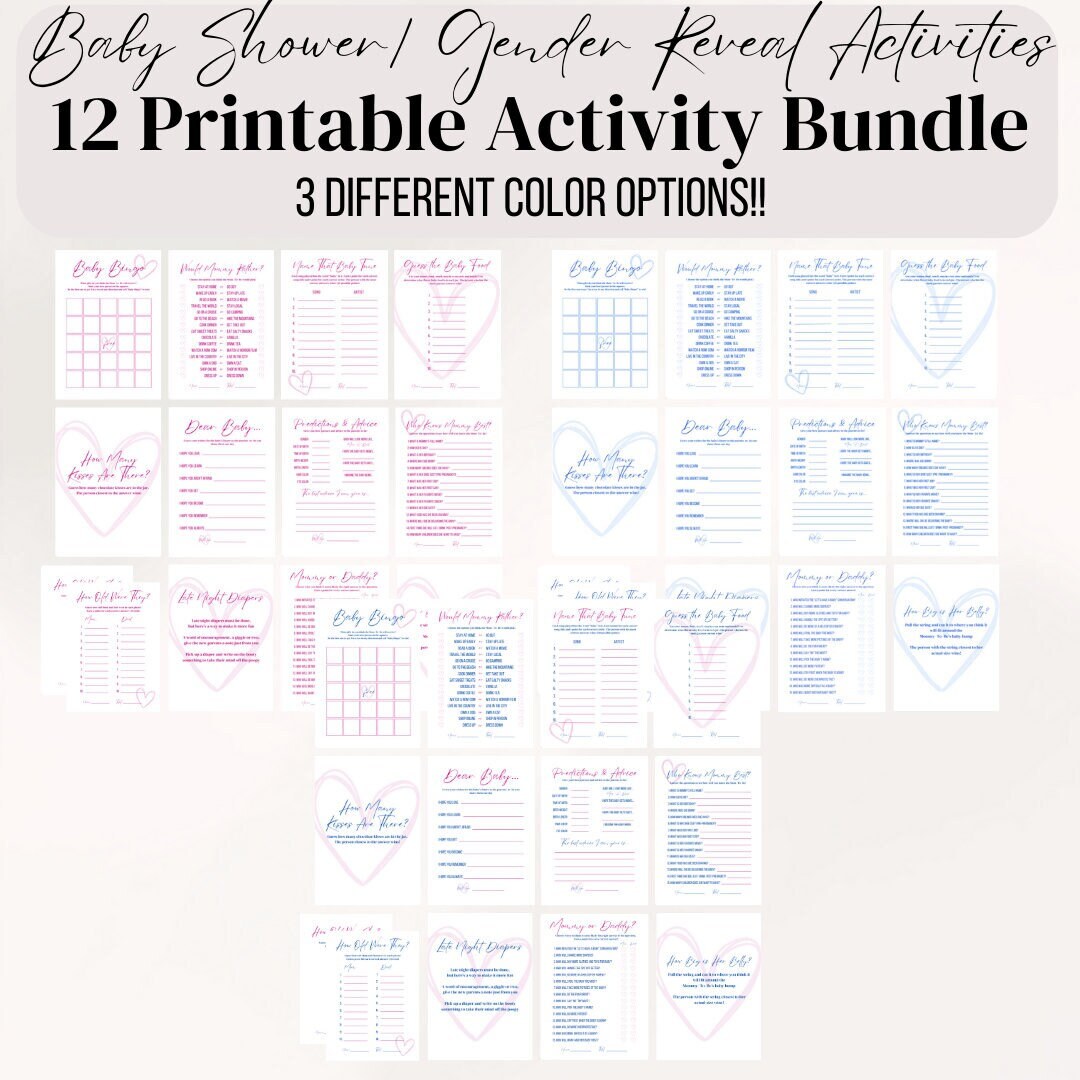 Baby Shower / Gender Reveal Activity Bundle - 12 Activities - 3 Color ...