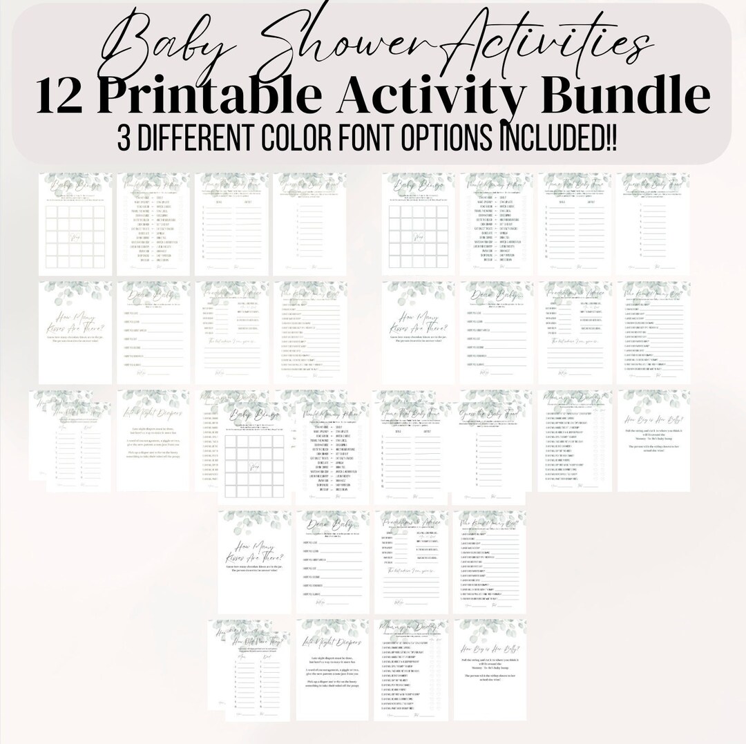 Baby Shower Game/activity Bundle - 12 Activities - Greenery - 3 Font ...