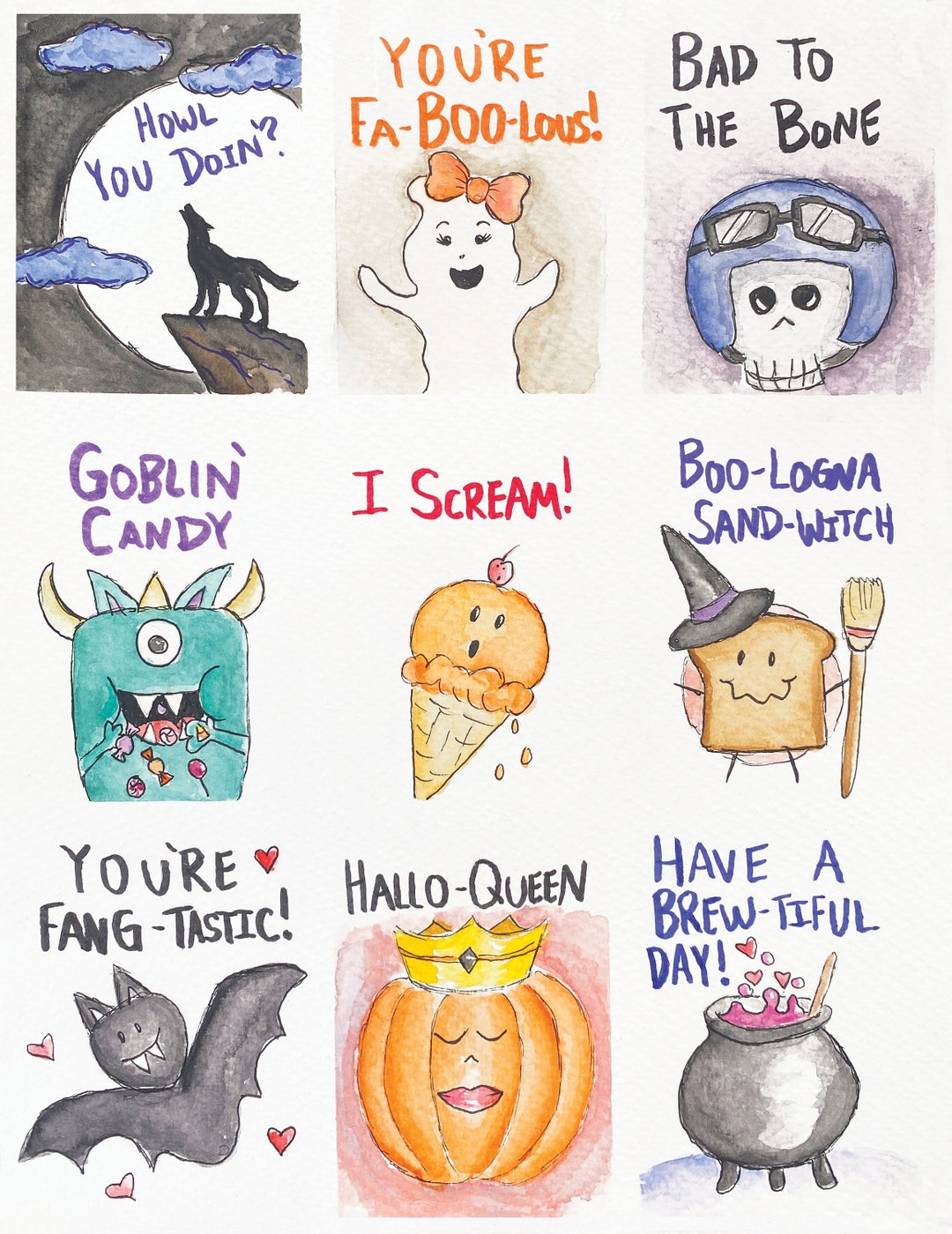 Halloween Watercolor Painted Lunch Box Cards, PDF Download - Etsy