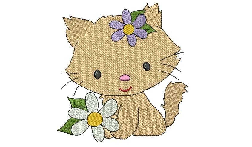 Kitten With a Flower Filled Machine Embroidery Digitized | Etsy