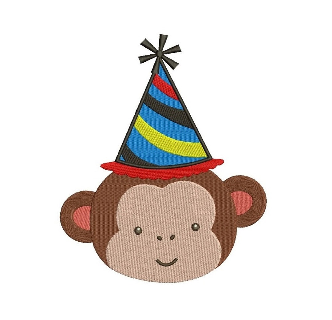 Birthday Monkey Wearing Party Hat Filled Machine Embroidery Digitized ...