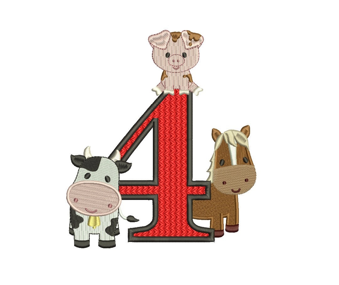 Fourth Birthday Farm Animals Filled Digitized Design Pattern - Instant ...