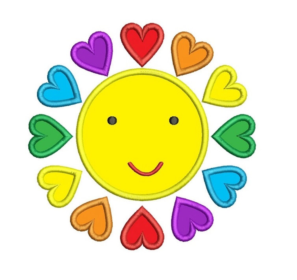 Sol feliz con corazones bordados apliques diseño digitalizado patrón ...