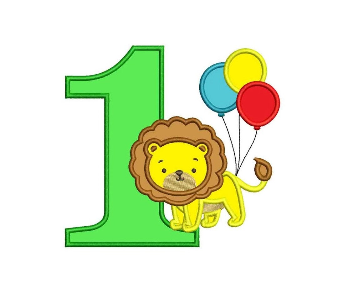 Birthday Number One (1) Little Lion With Balloons Machine Embroidery ...
