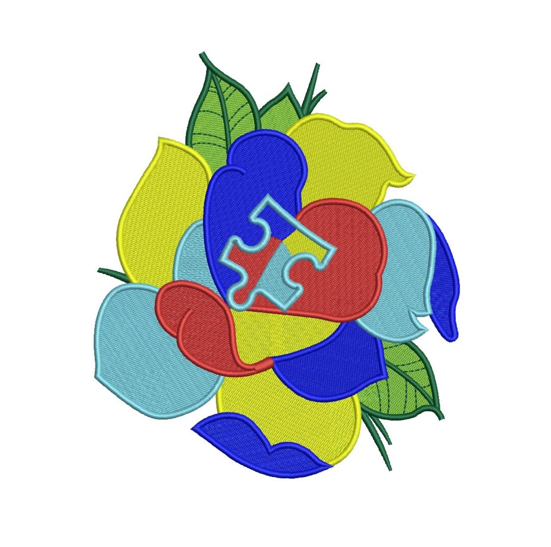Autism Awareness Rose Filled With Fileld Ribon Machine Embroidery ...