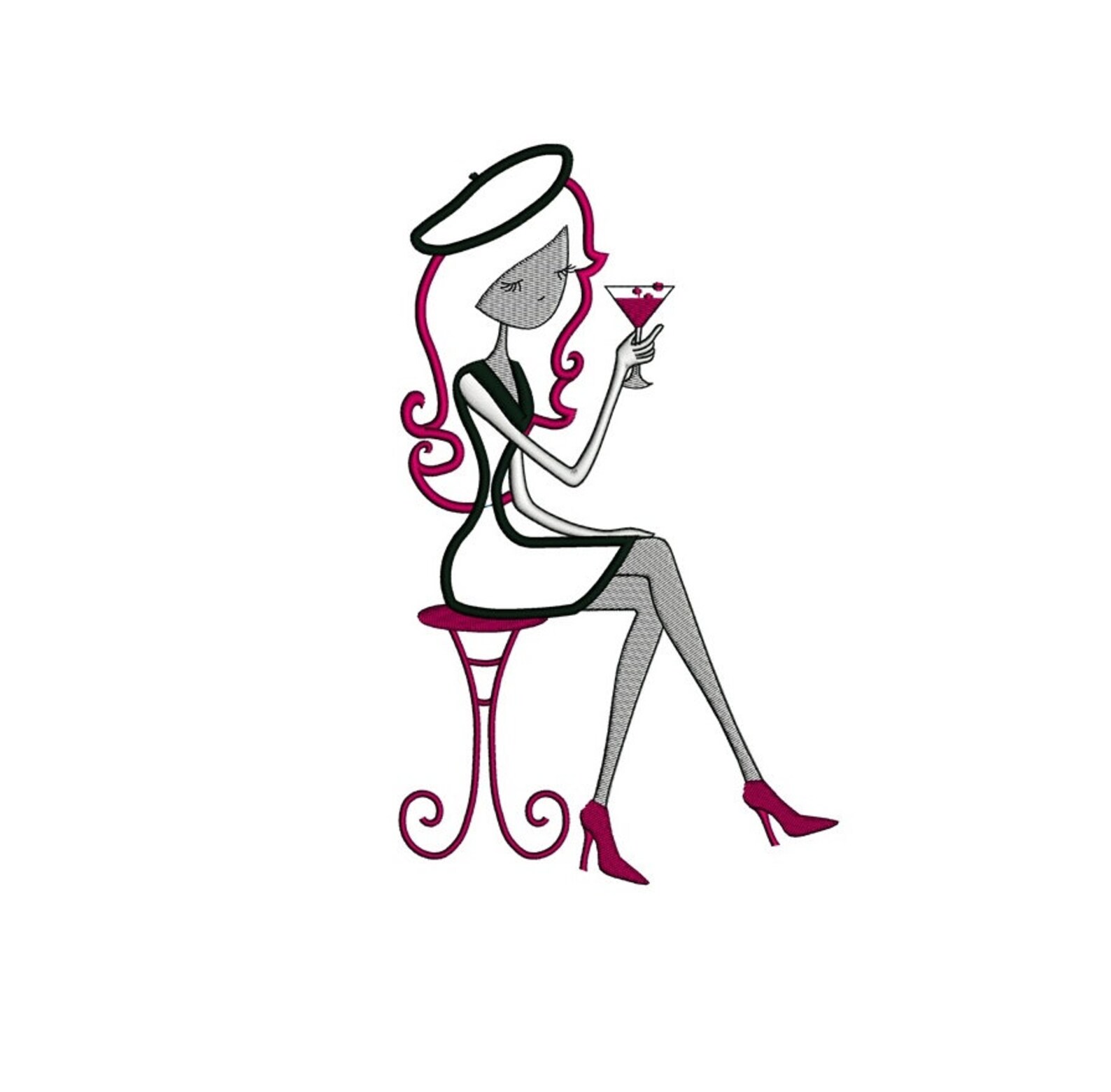 Lady Drinking Martini Applique Machine Embroidery Digitized Design ...