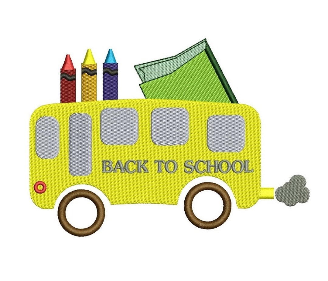 School Bus With Crayons Student Teacher Machine Embroidery Filled ...