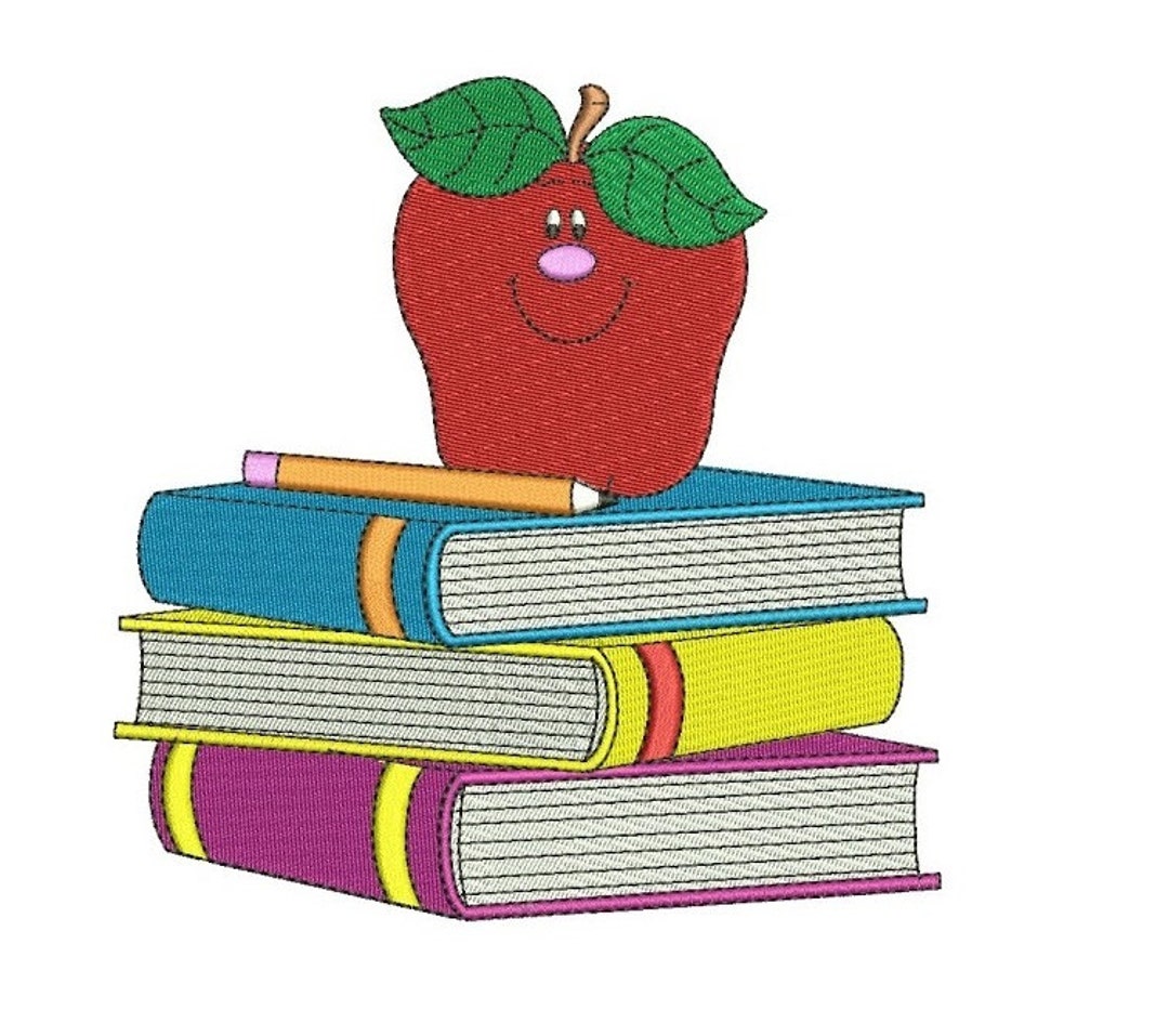School Books With Apple Teacher Machine Embroidery Filled Digitized ...