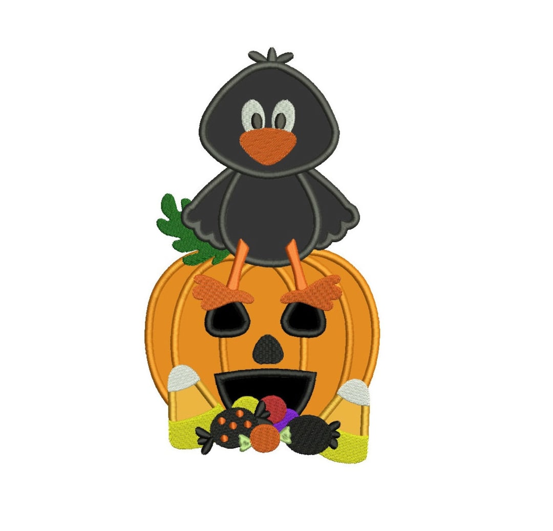 Cute Crow Sitting on a Pumpkin With Candy Corns Halloween Applique ...
