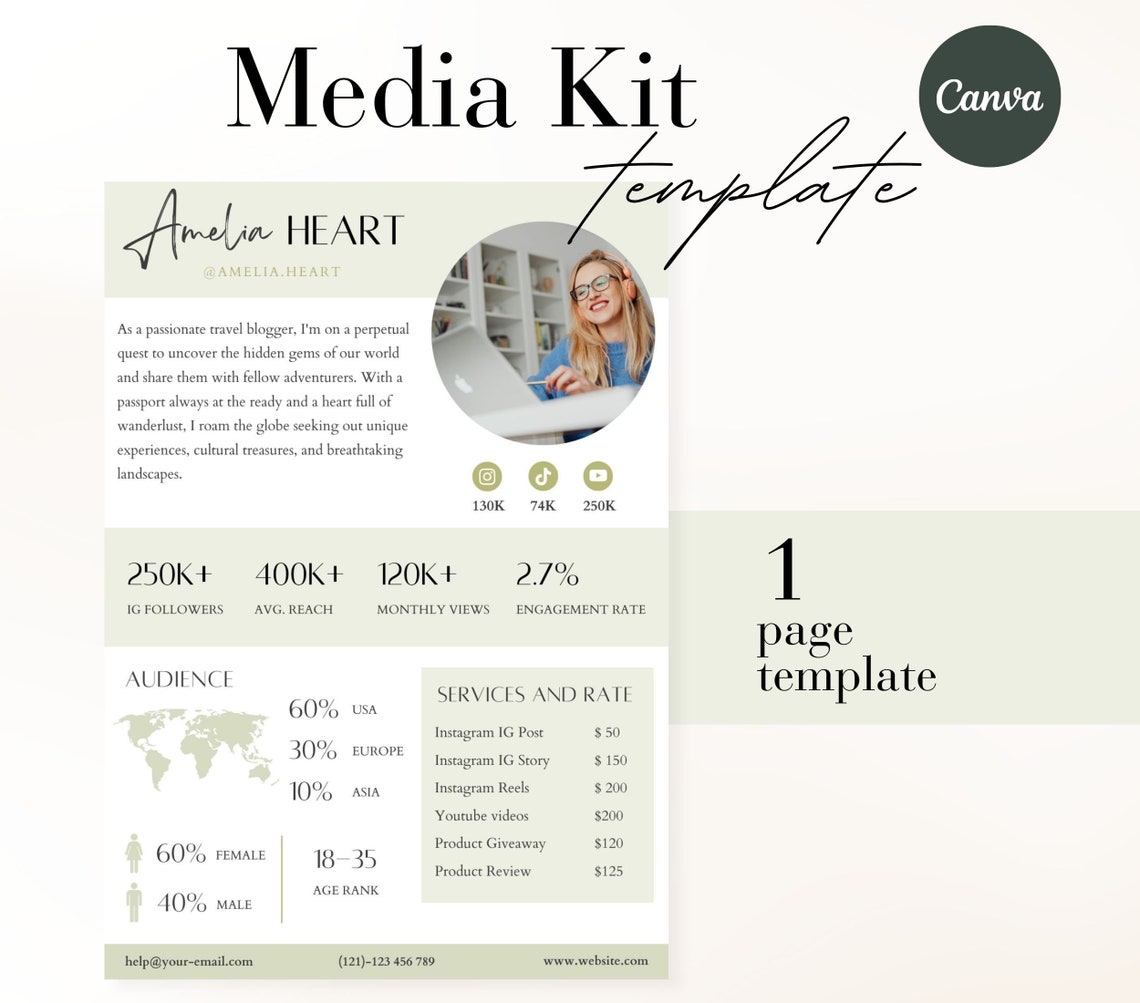 1 Page Media Kit Canva Template, Instagram Media Kit Canva, Influencer ...