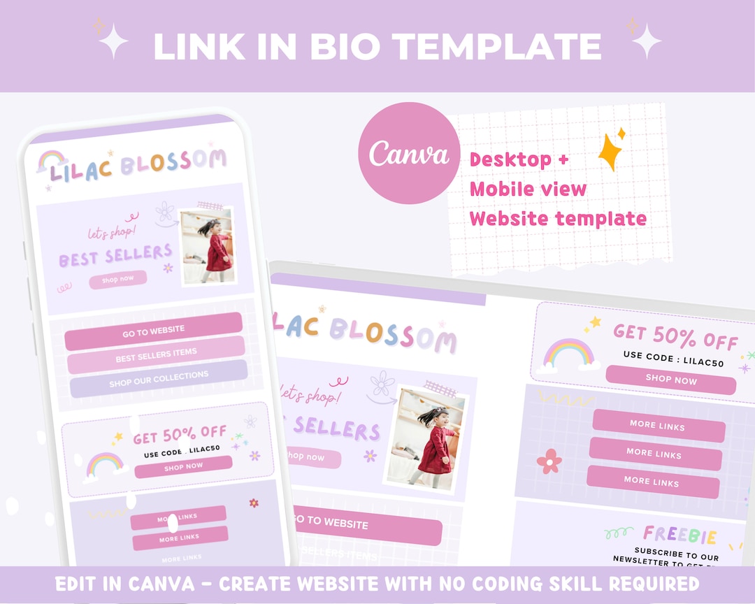 Pastel Purple Link in Bio Canva Template - Editable Canva Website - Linktree Instagram Landing ...