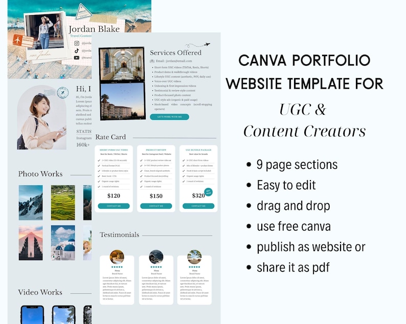 Travel UGC Portfolio Website Template | Canva Influencer Media Kit ...