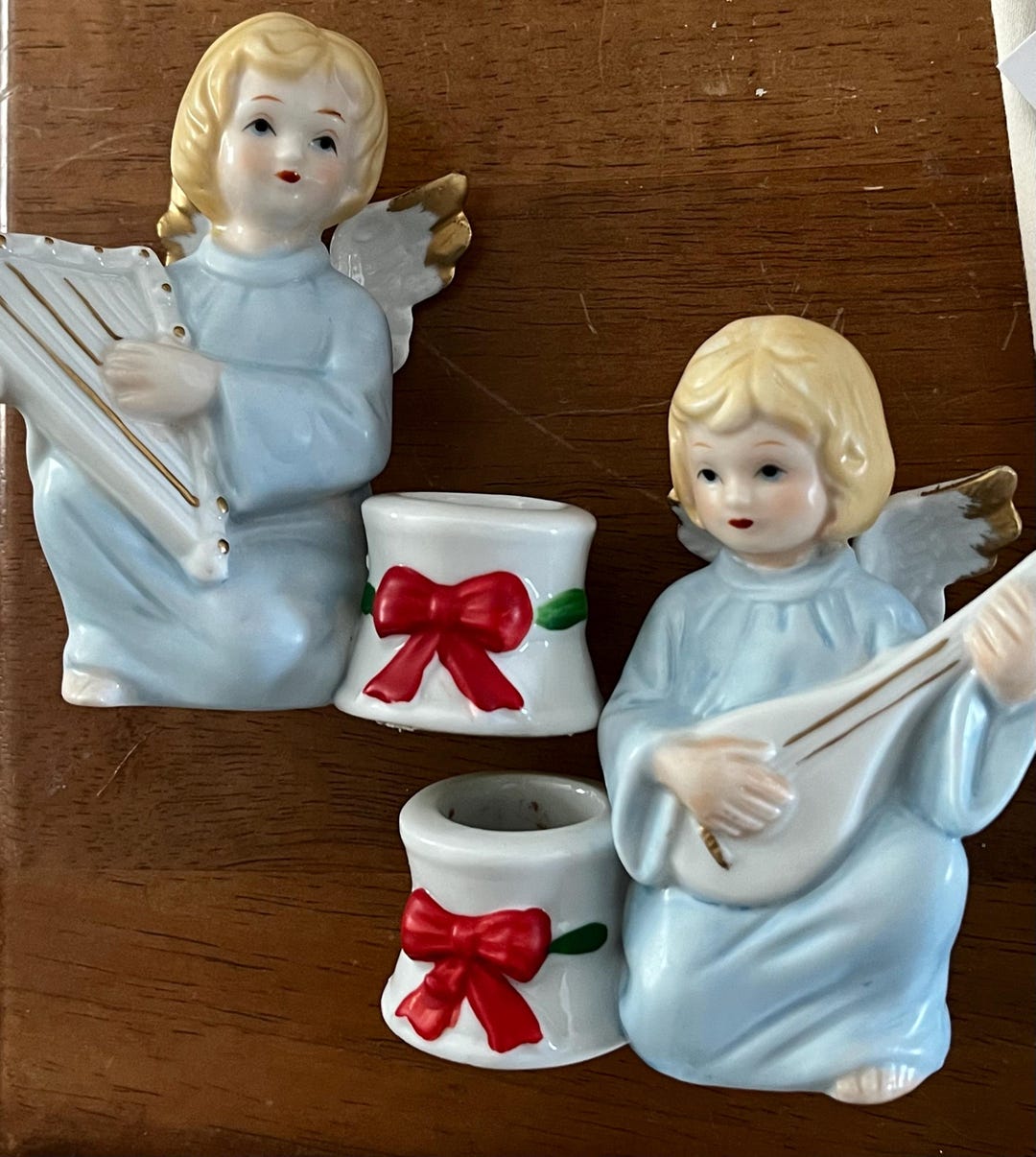Pair 1988 Vintage Aldon Porcelain Angel Candle Holders With Harp and ...