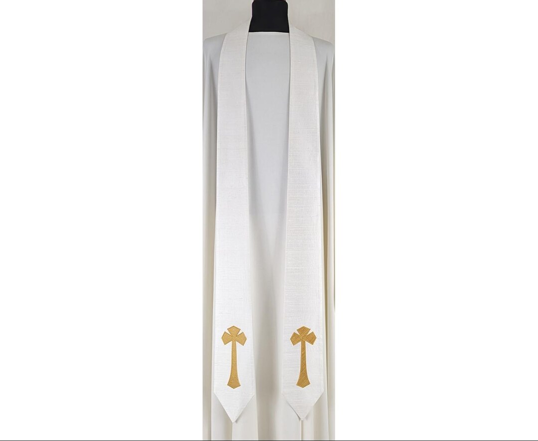 White Clergy Stole Made From Silk Dupioni With Gold Crosses- Mitered ...