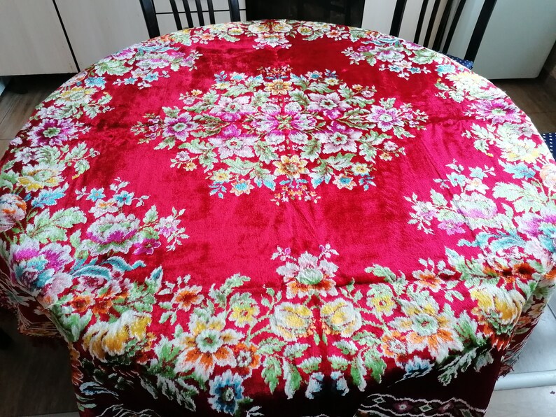 Vintage Red Velvet Tablecloth Italian MCM Colorful Floral | Etsy