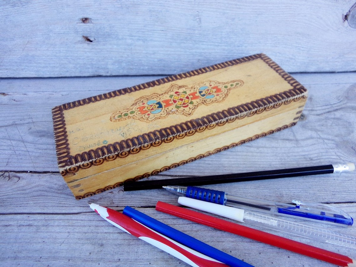 Vintage Wooden Pencil Box Hand Painted Box Pirography - Etsy