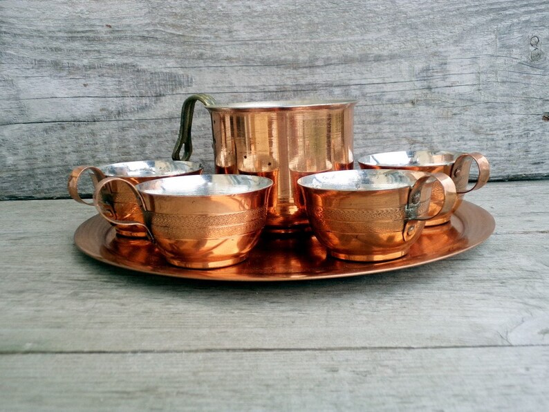Vintage Copper Coffee Set. Tray Four Cups and Jug. Antique | Etsy