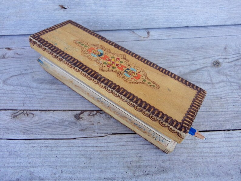 Vintage Wooden Pencil Box Hand Painted Box Pirography - Etsy