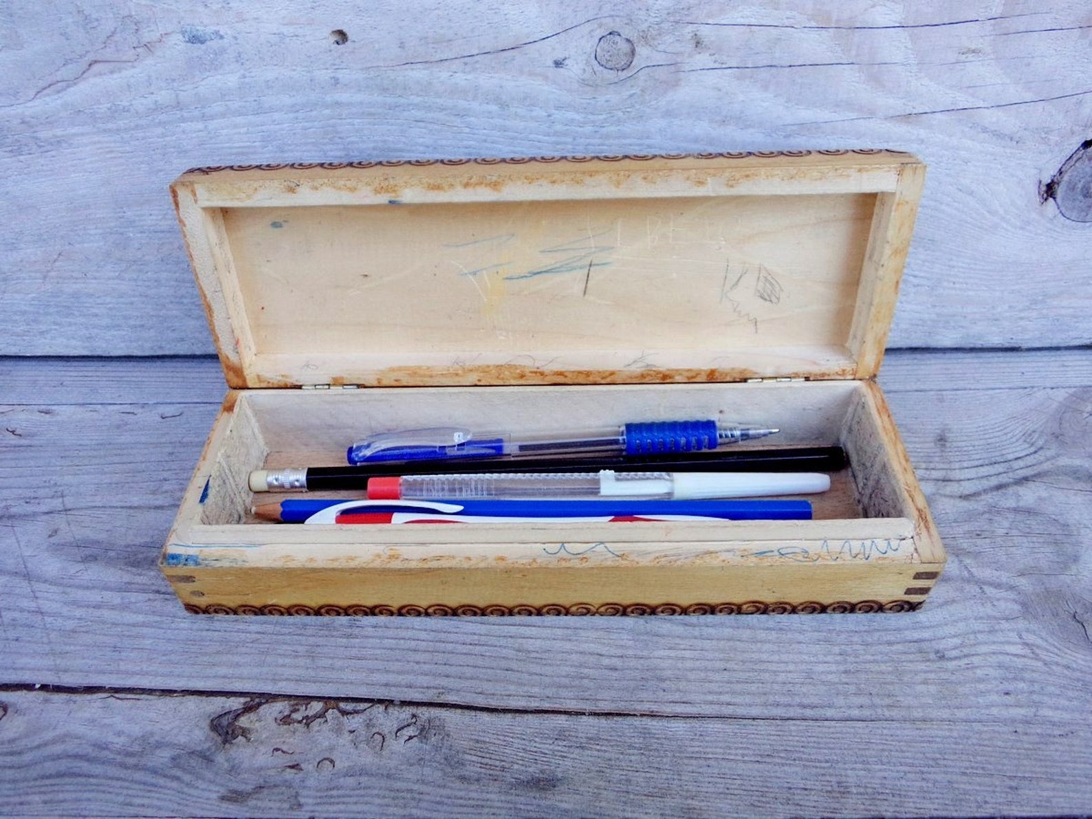 Vintage Wooden Pencil Box Hand Painted Box Pirography - Etsy