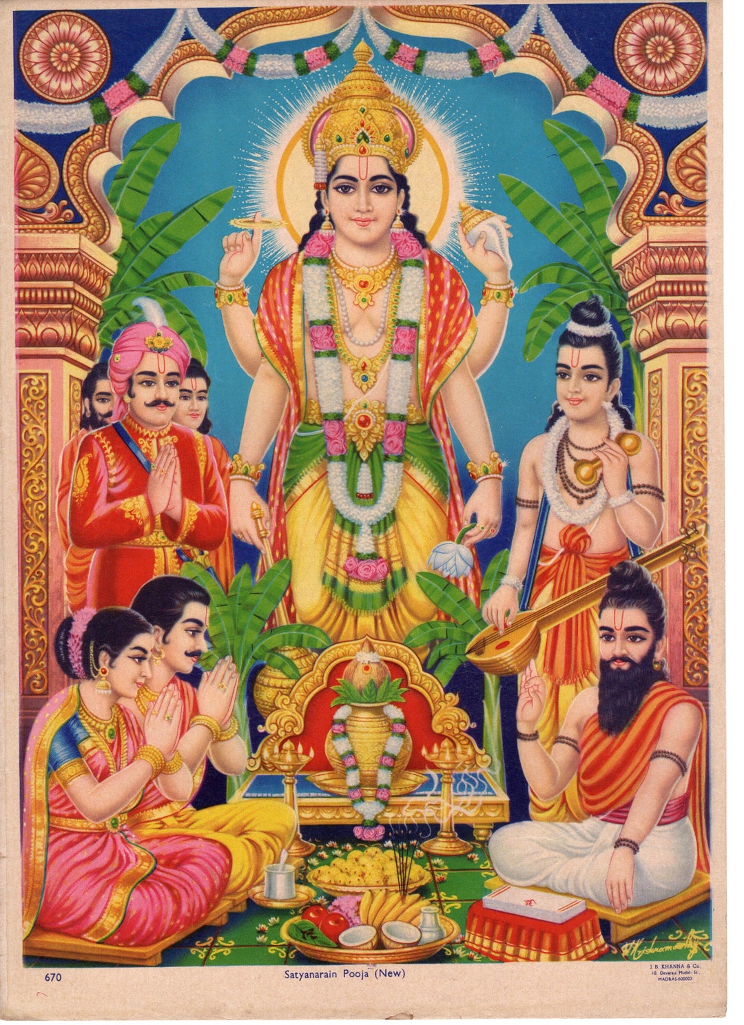 Lord Vishnu Worshipped - vintage Indian Devotional Print - Etsy