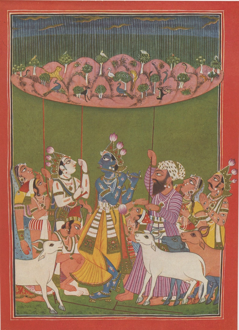 Indian Miniature Painting 'krishna Lifting the Mountain | Etsy