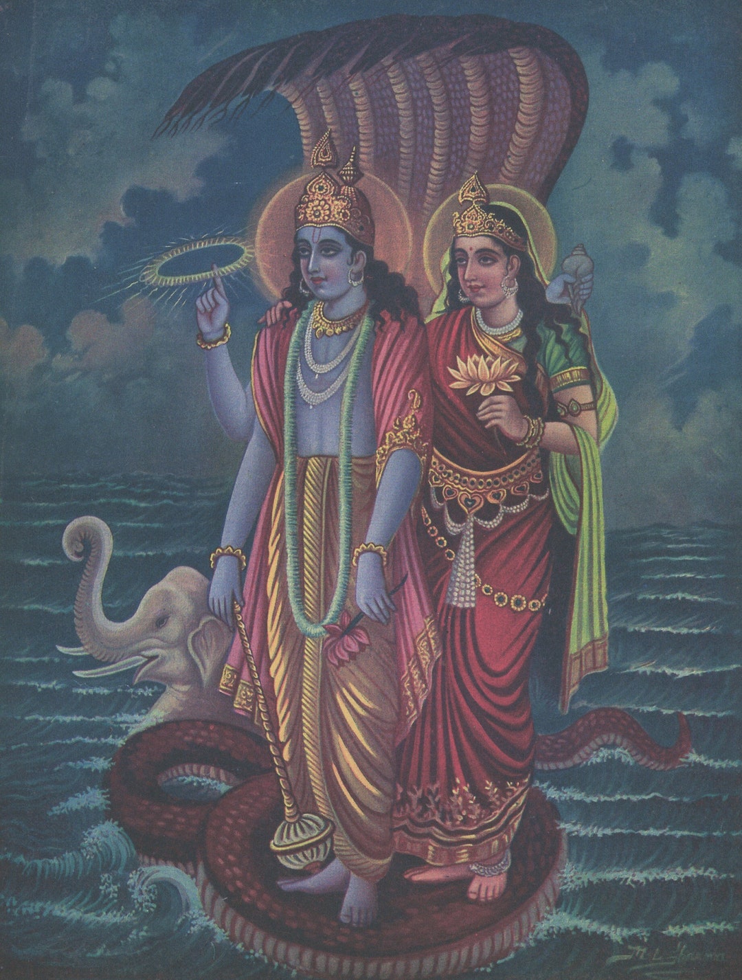 Vishnu & Lakshmi Upon Ananta ... Contemporary Reprint of Vintage Indian ...