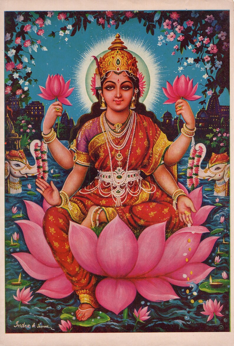 Lakshmi ... Large Vintage Indian Devotional Print - Etsy