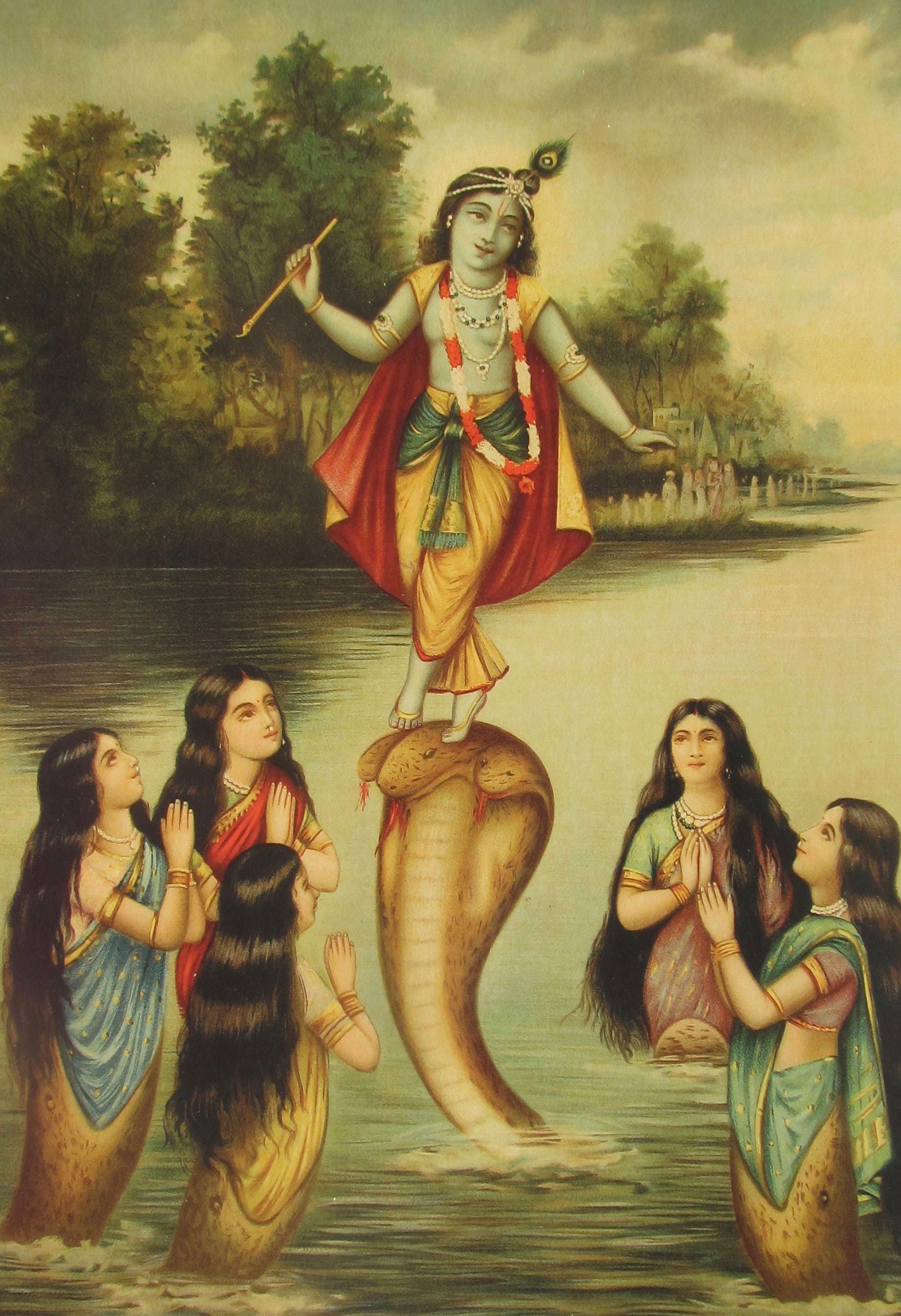 Krishna dances upon the snake Kaliya Large Vintage style | Etsy