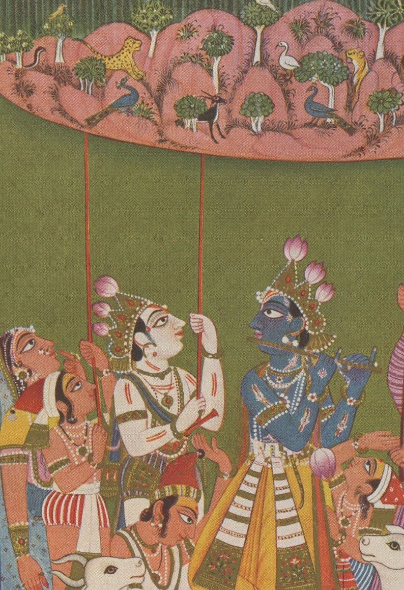 Indian Miniature Painting 'krishna Lifting the Mountain | Etsy